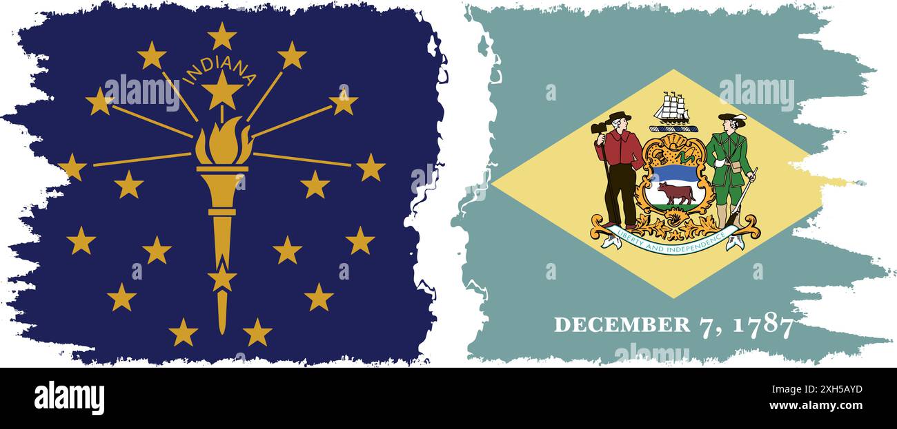 Delaware and Indiana states grunge brush flags connection, vector Stock ...