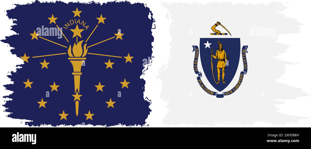 Massachusetts and Indiana states grunge brush flags connection, vector ...