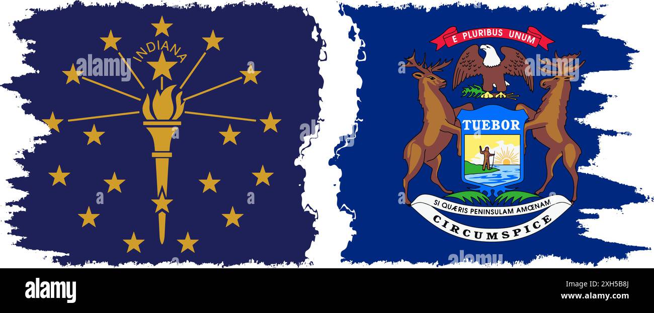 Michigan and Indiana states grunge brush flags connection, vector Stock ...