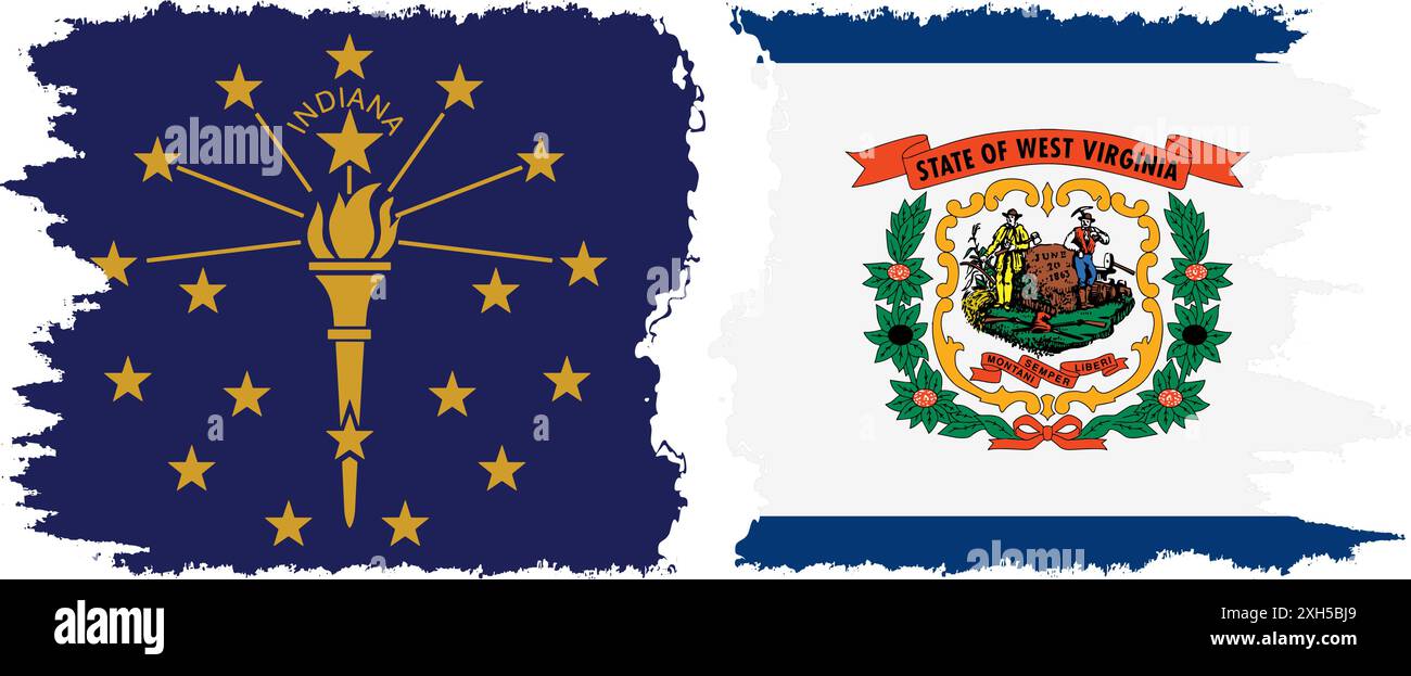 West Virginia and Indiana states grunge brush flags connection, vector ...