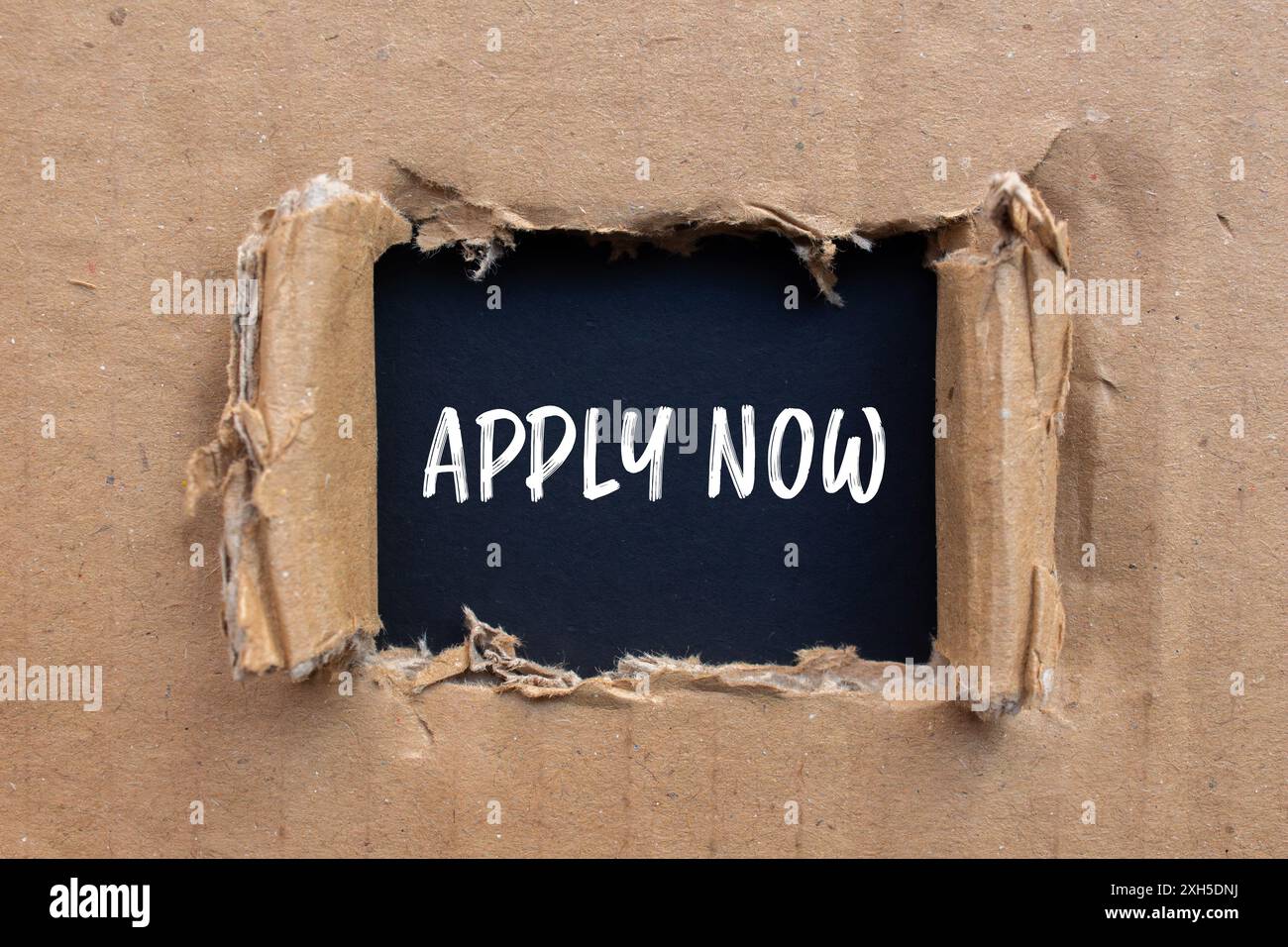 Apply now message written on ripped cardboard paper with black ...