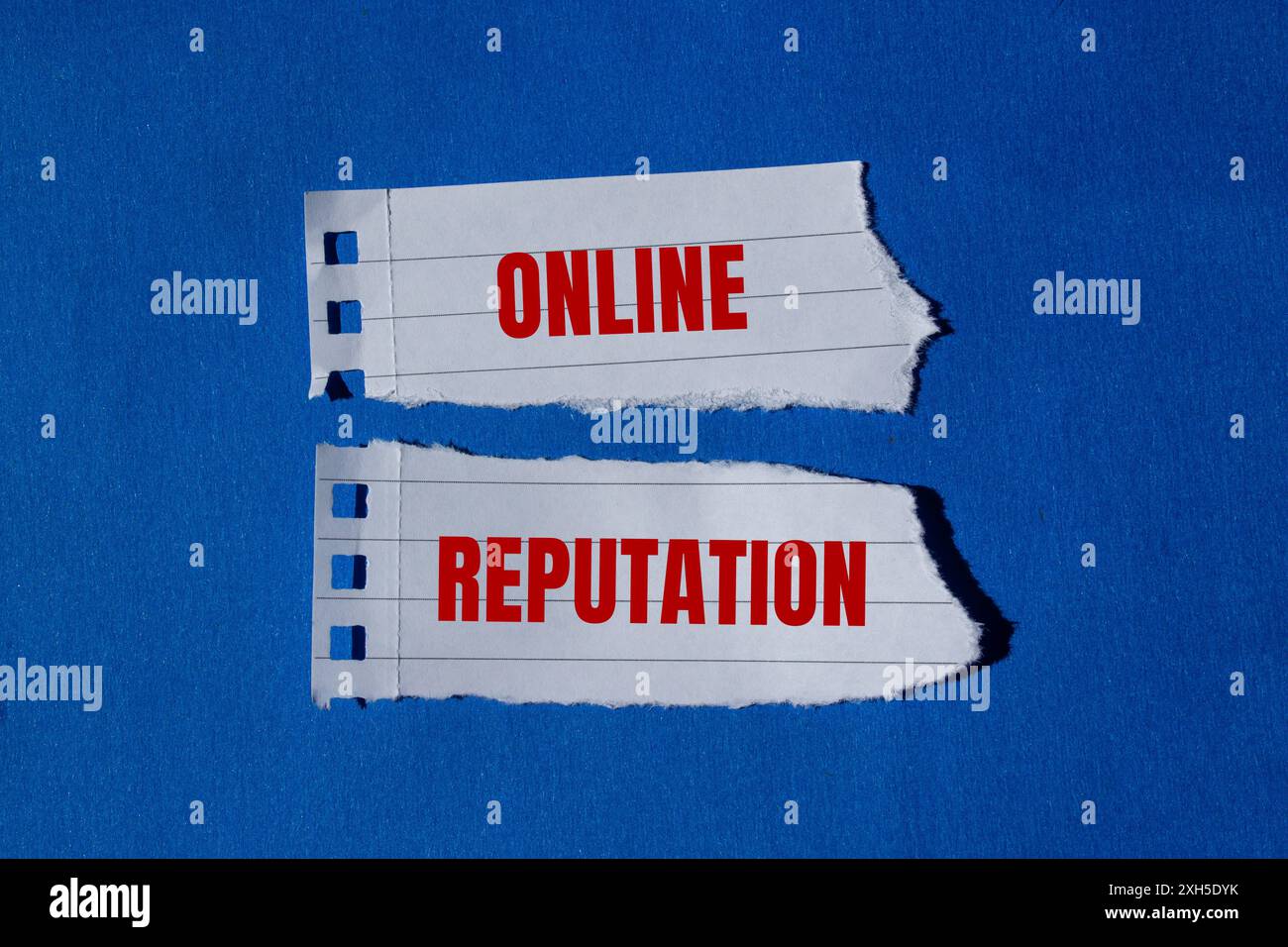 Online reputation message written on ripped torn paper pieces with blue ...