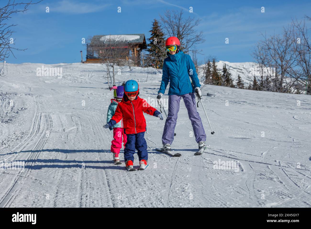 Group of children guided by an adult are ski sliding down a snowy ...