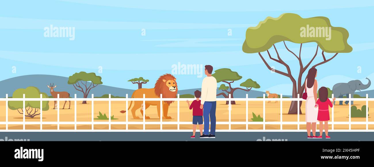 Family in zoo. Kids walking in park with parents. African animals ...