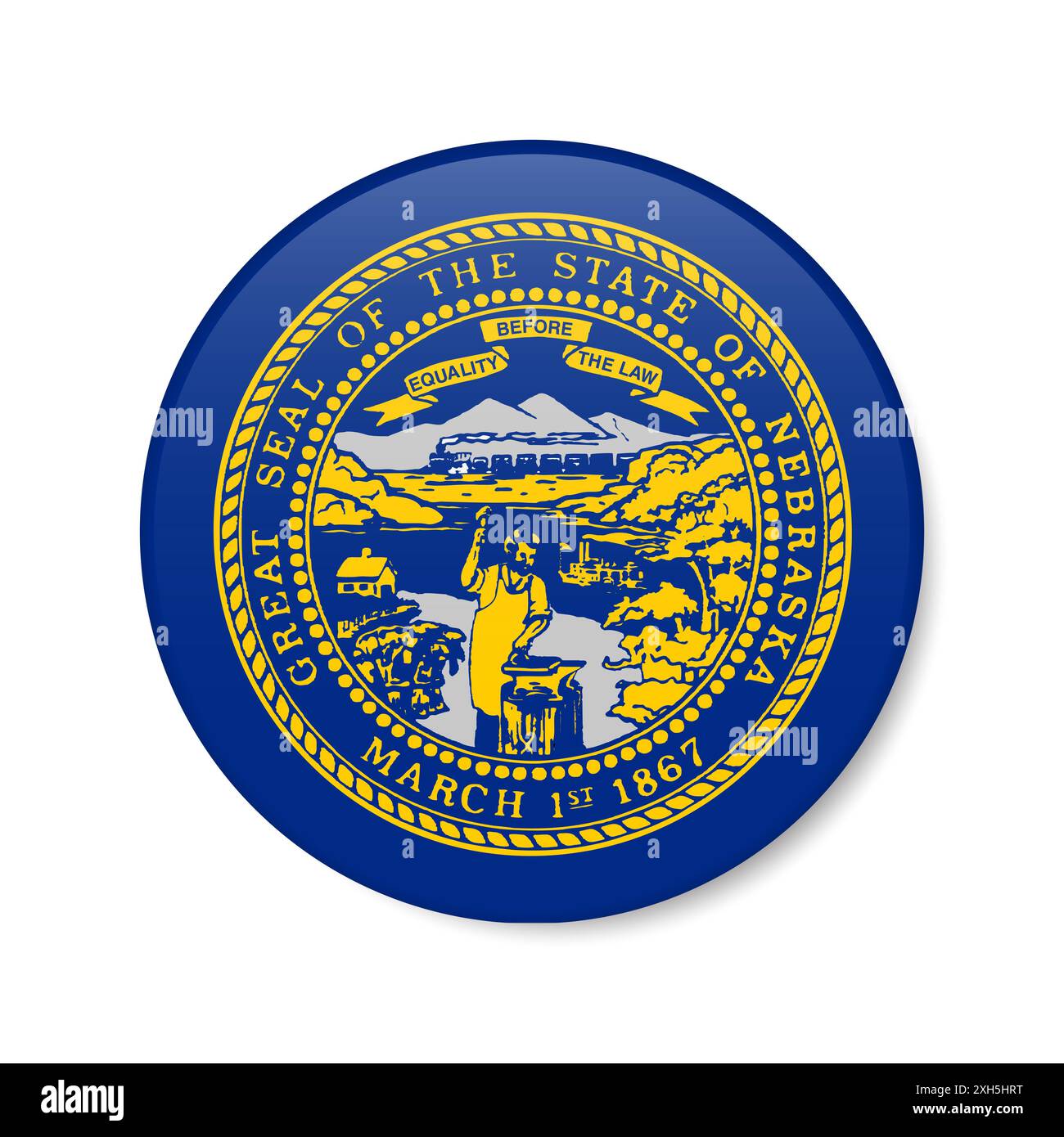 Nebraska flag circle button icon, US state round badge with shadow. 3D ...