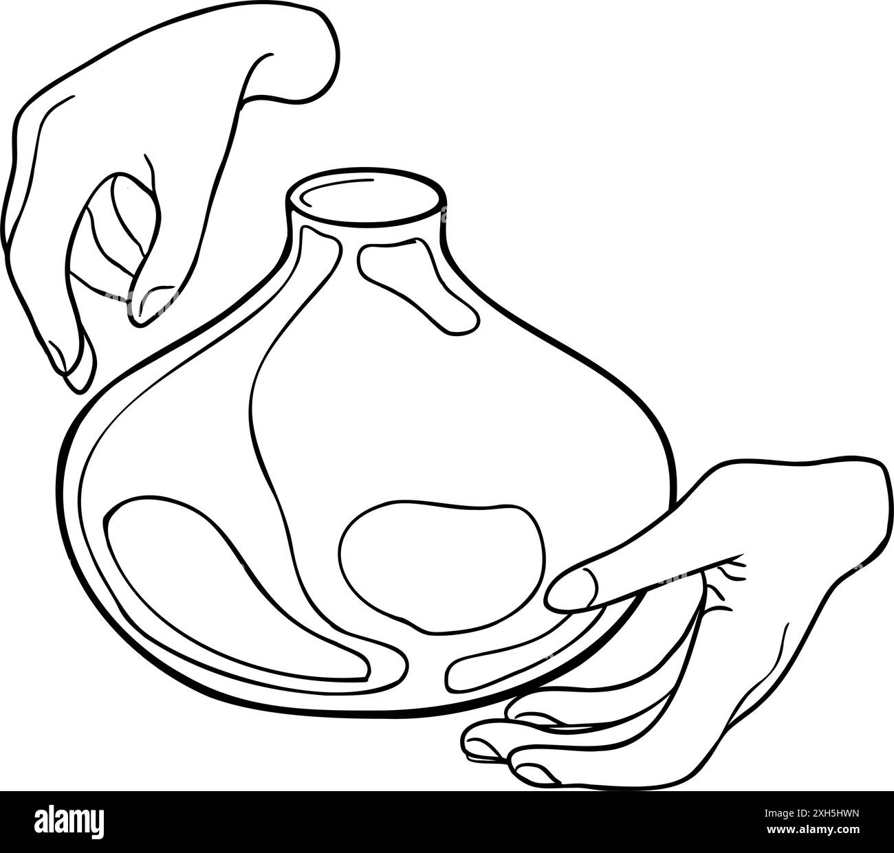 Human hands holding clay vase ink monochrome contour hand drawn. Two ...