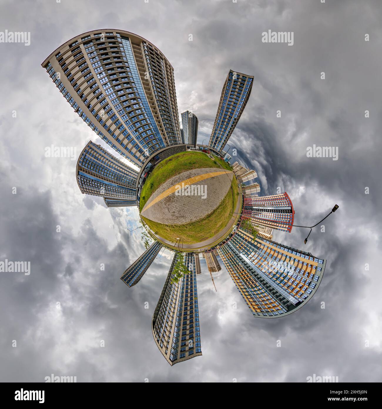 abstract swirling tiny planet spherical panorama of multi-storey ...