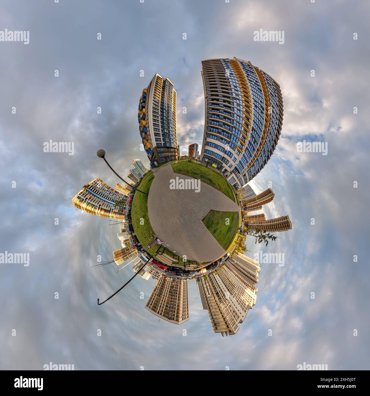 abstract swirling tiny planet spherical panorama of multi-storey ...