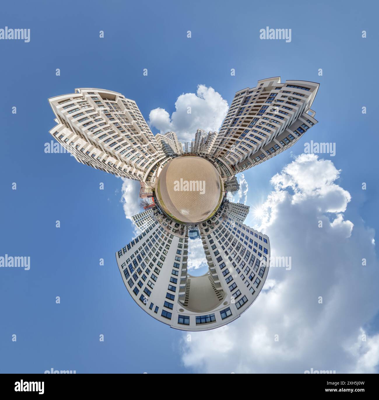 abstract swirling tiny planet spherical panorama of multi-storey ...