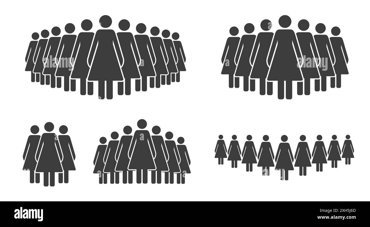 Large and small solid black groups of women. Stick figures people crowd ...