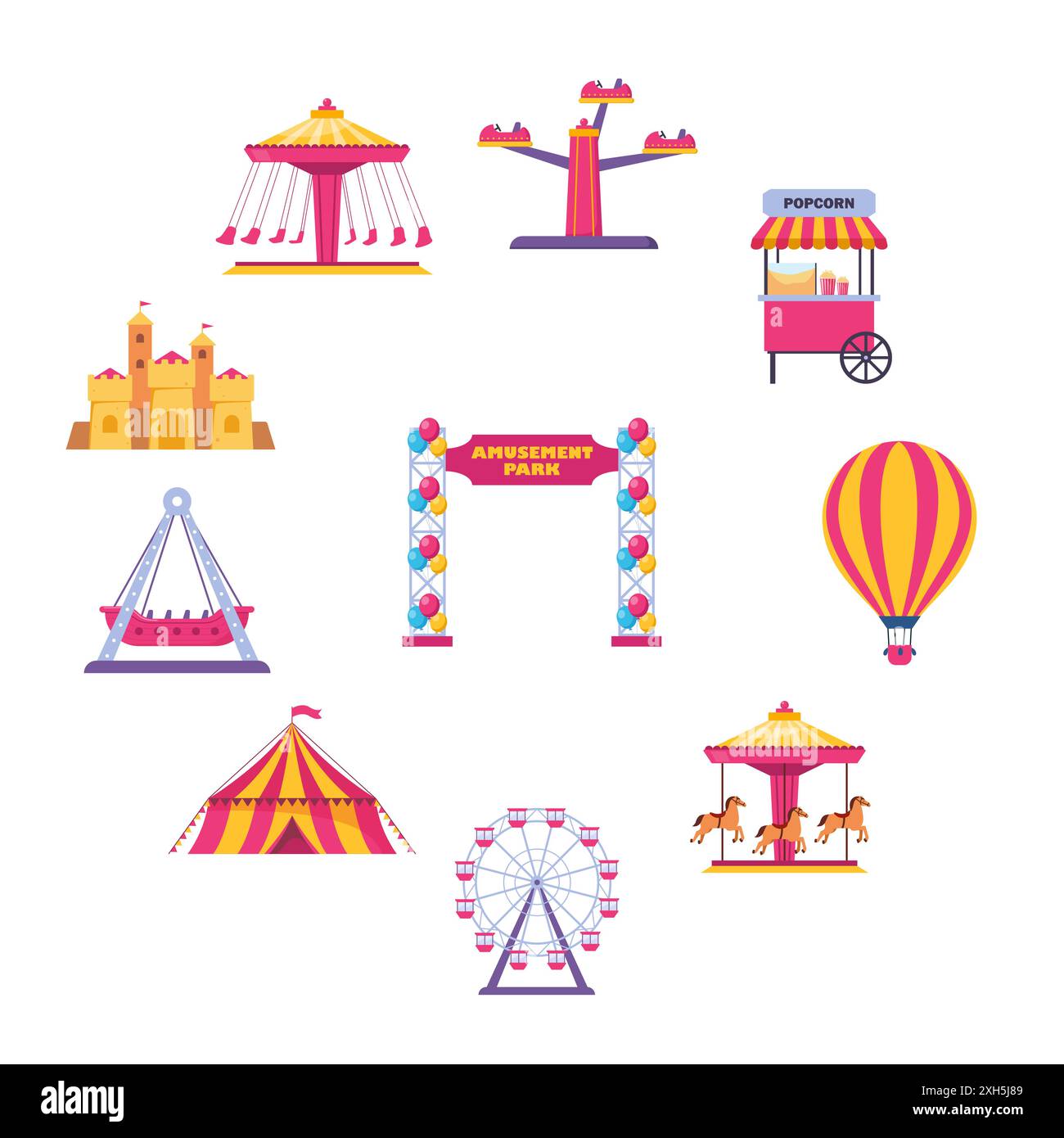 Amusement park icons. Vector carnival circus tent, ferris wheel, roller ...