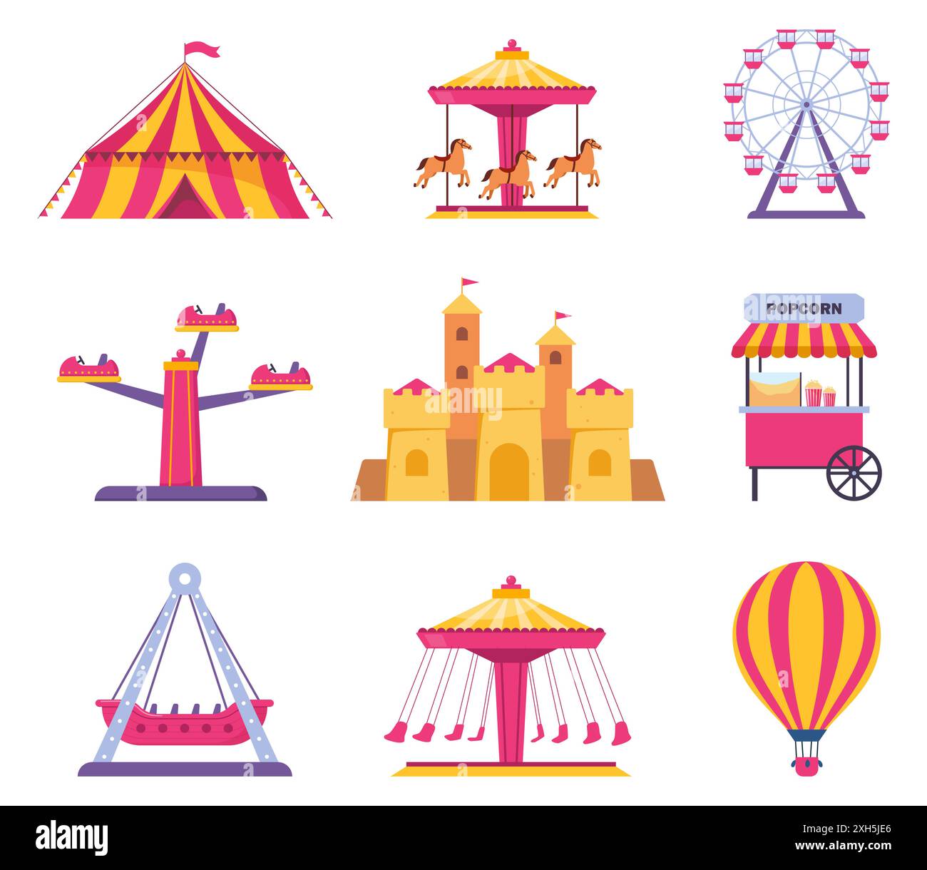 Amusement park icons. Vector carnival circus tent, ferris wheel, roller ...