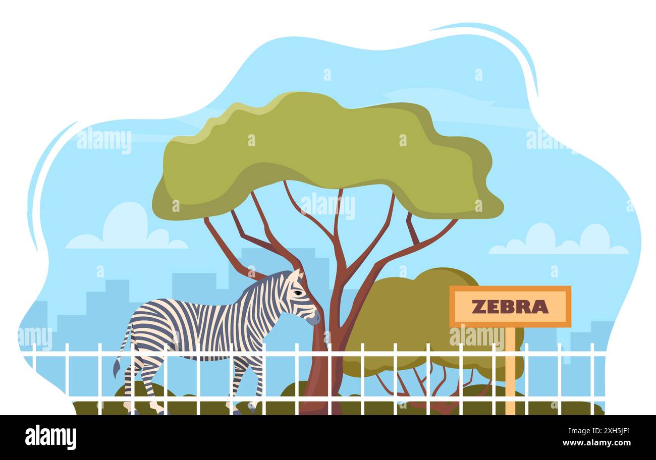 Zebra on territory of wildlife zoo park surrounded by fence. Vector ...