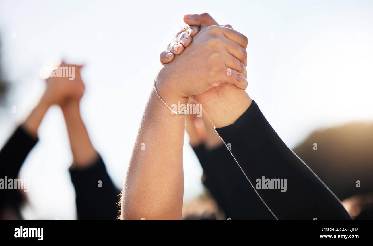 People, hands together and teamwork with solidarity in unity ...