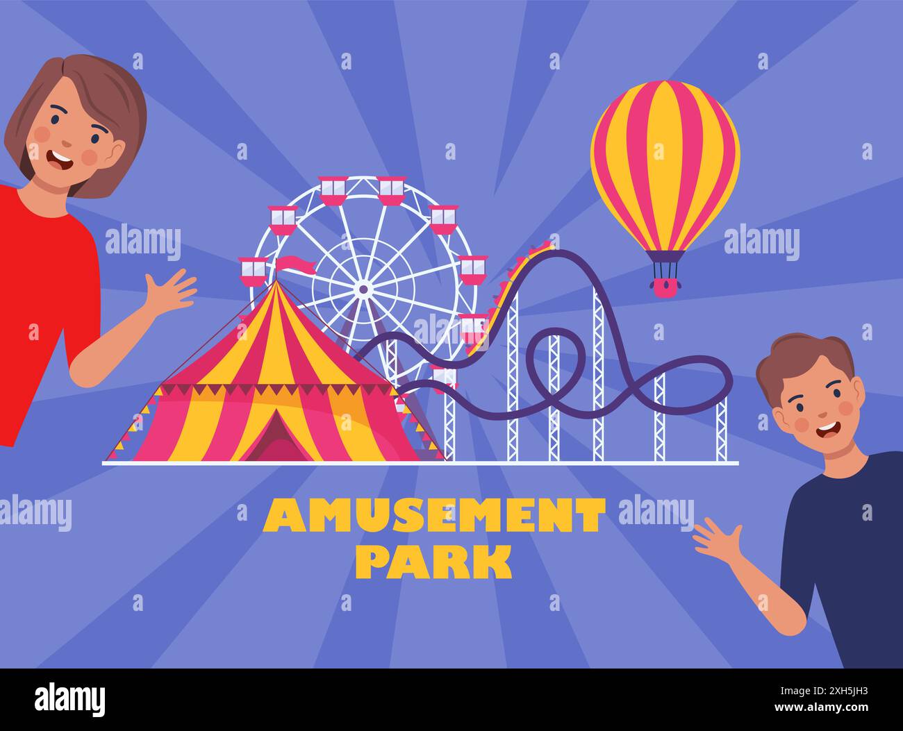 Amusement park composition with circus, rollercoaster and ferris wheel ...