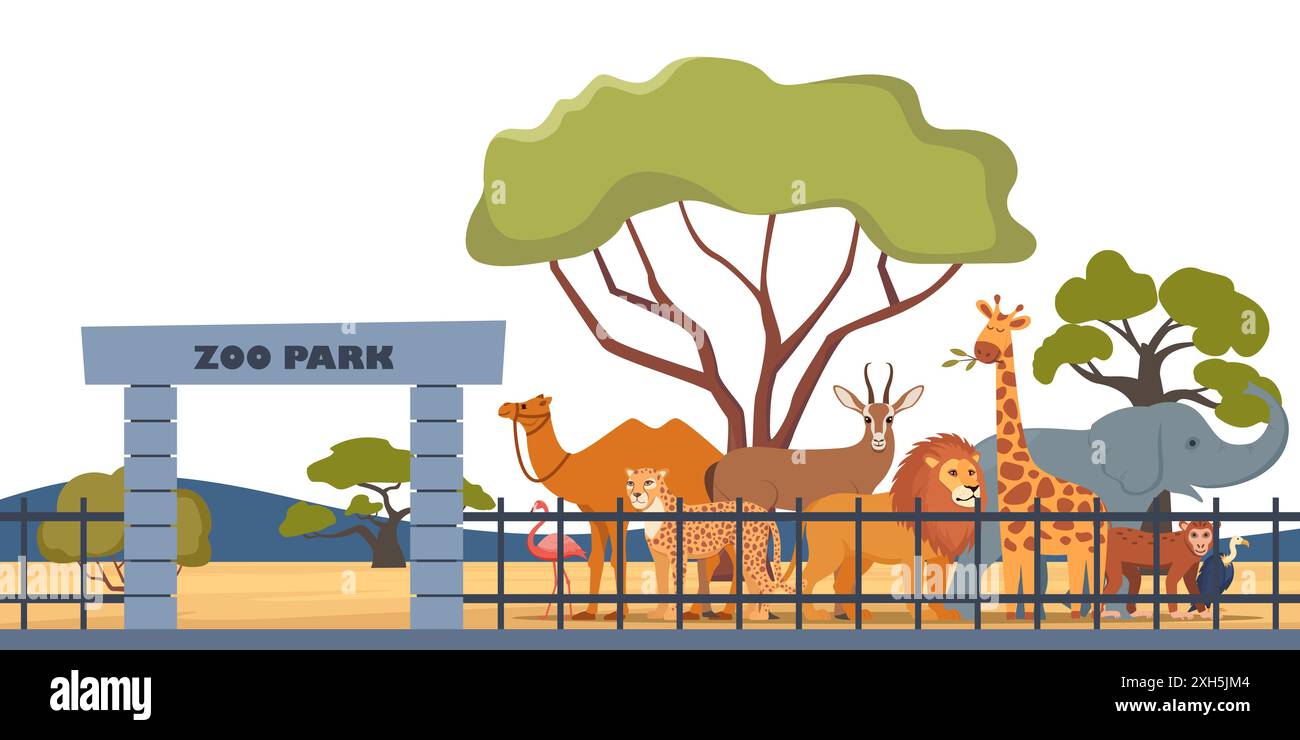 Zoo entrance gate and exotic African animals. Elephant, giraffe, camel ...
