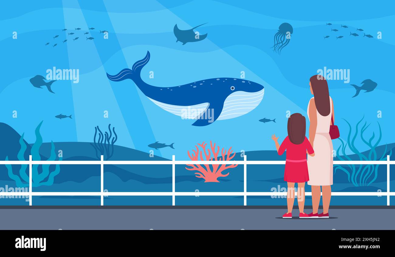 Parent and kid watching underwater scenery with sea animals in ...