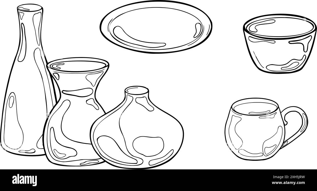 Ceramic dishes set in black white line vector illustration isolated ...