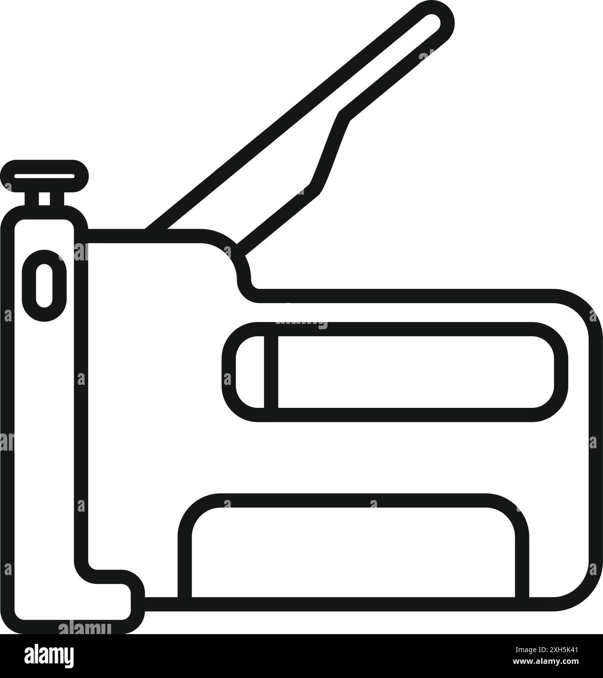 This simple black and white icon depicts a construction stapler, useful ...