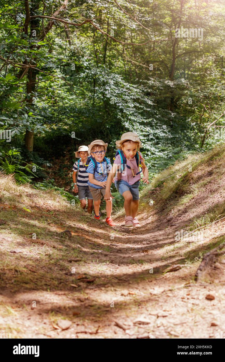 Happy kids in scout camp trekking up forest path on an adventure Stock ...