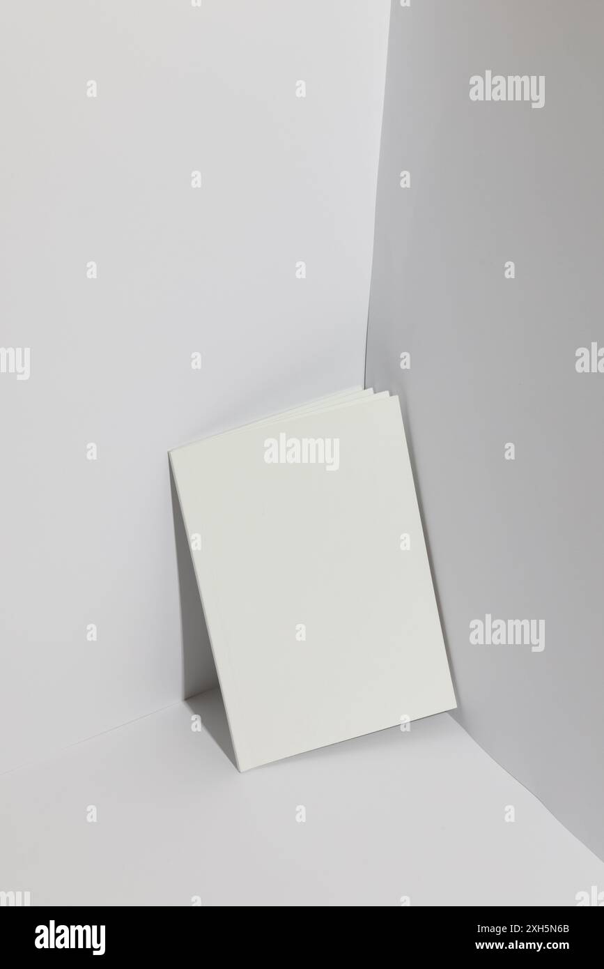 A blank white book stands in a corner, with copy space. Its simplicity ...