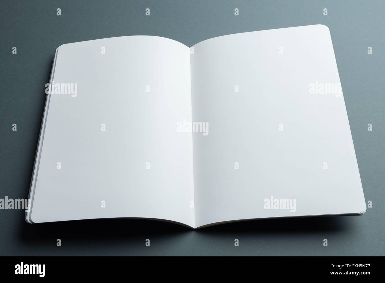 An open blank notebook lies on a gray background with copy space. Ideal ...