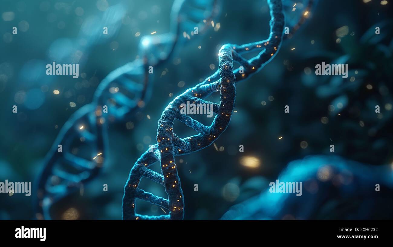Blue dna strand rotating with glowing particles Stock Photo - Alamy