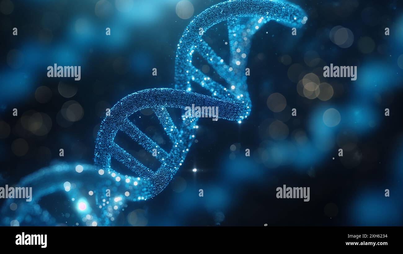 Blue dna strand rotating with glowing particles Stock Photo - Alamy