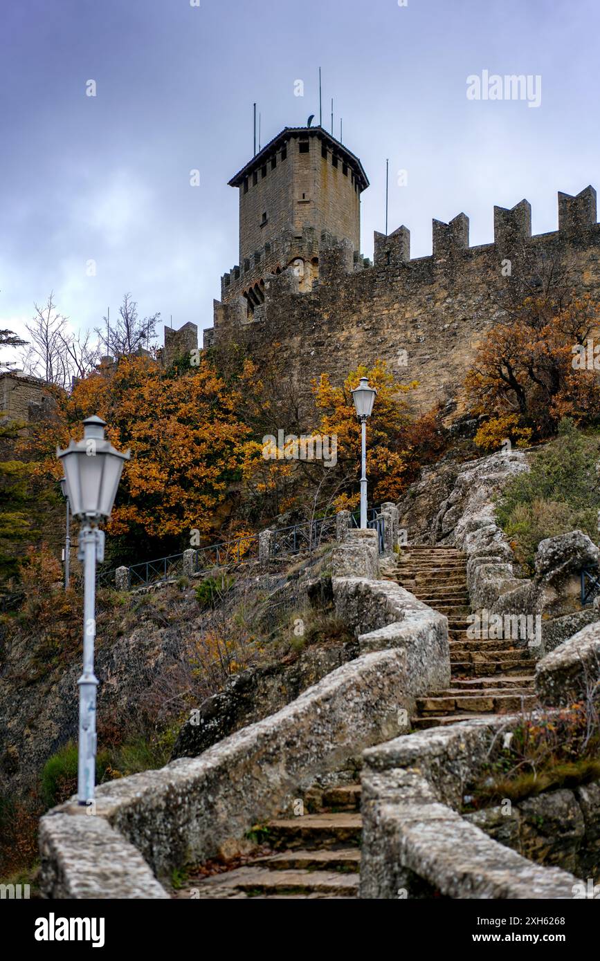 San Marino Guaita tower with stairs leading to the castle Stock Photo ...