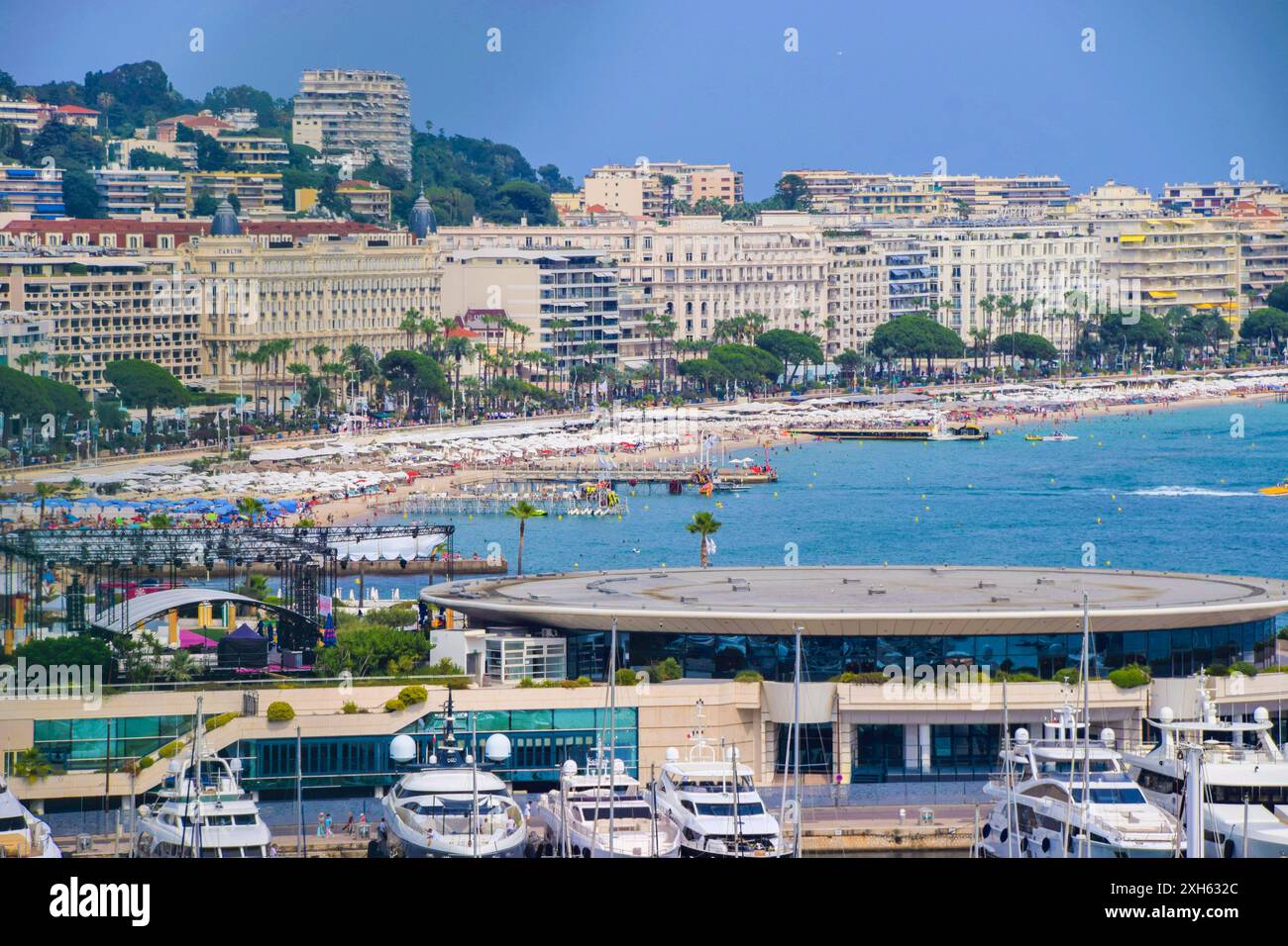 Cannes, France, 2019. Aerial panoramic view of the Old Port, beach and ...