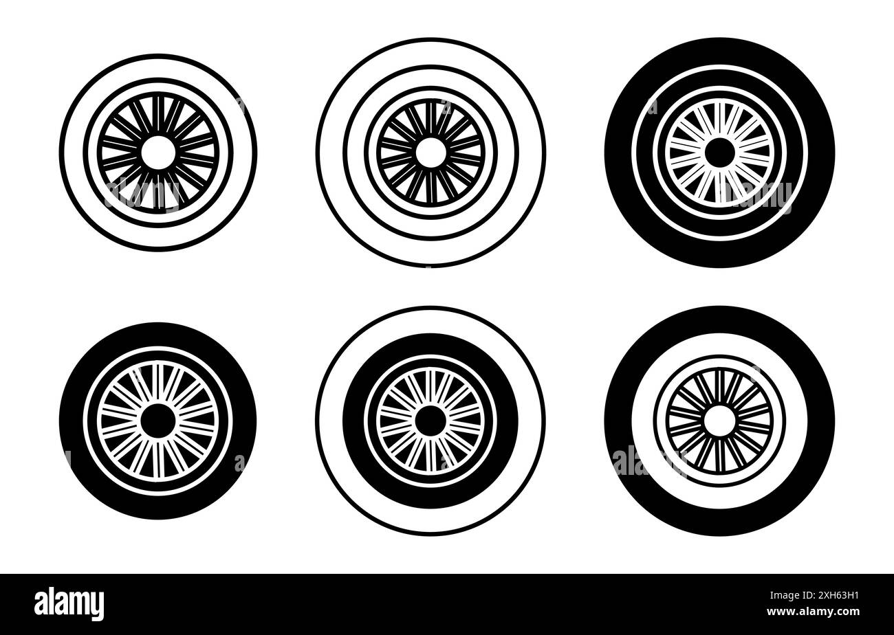 car wheel icon Vector symbol or sign set collection in black and white ...