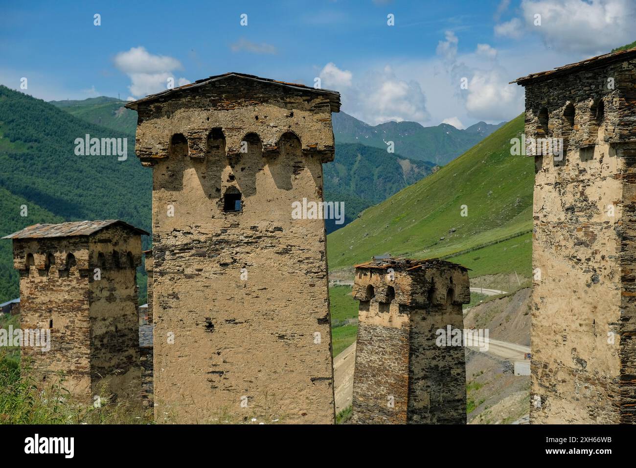 Ushguli, Georgia - July 11, 2024: Medieval Svan Towers is a traditional ...