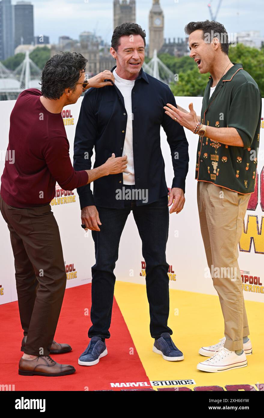 London, UK. July 12th, 2024. Shawn Levy, Hugh Jackman and Ryan Reynolds ...
