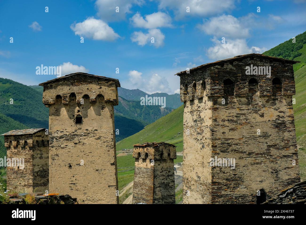Ushguli, Georgia - July 11, 2024: Medieval Svan Towers is a traditional ...