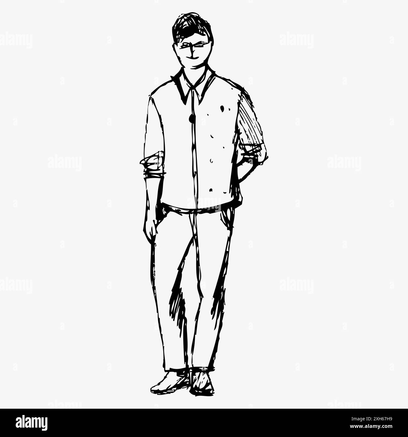 Young man, hand sketch ink pen fictional character. Hand drawn human ...