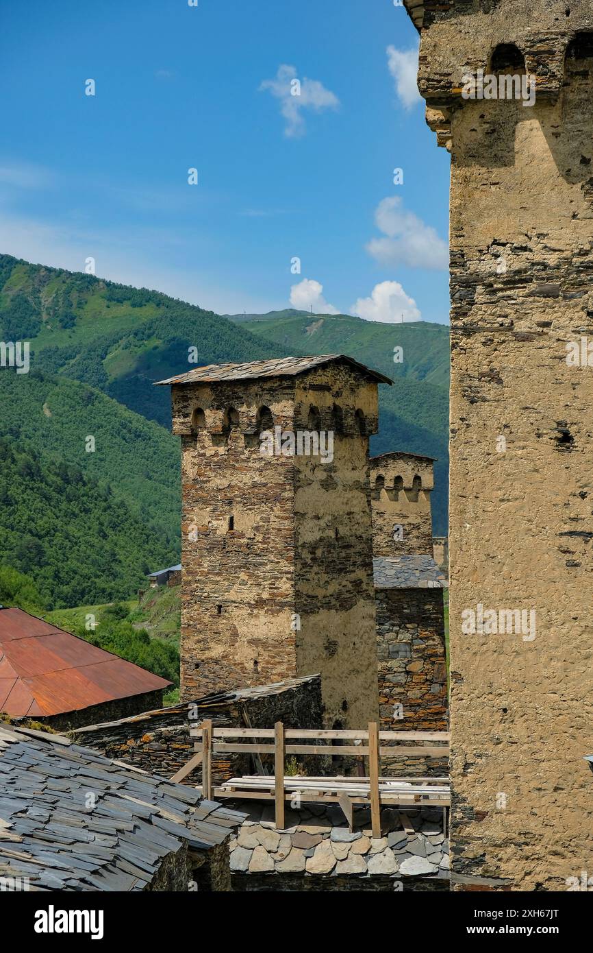 Ushguli, Georgia - July 11, 2024: Medieval Svan Towers is a traditional ...