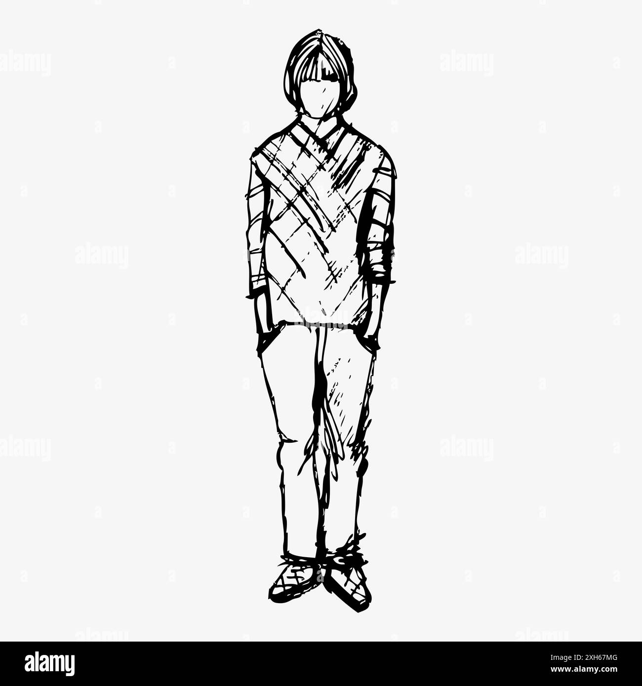 Teenage boy, hand sketch ink pen fictional character. Hand drawn human ...