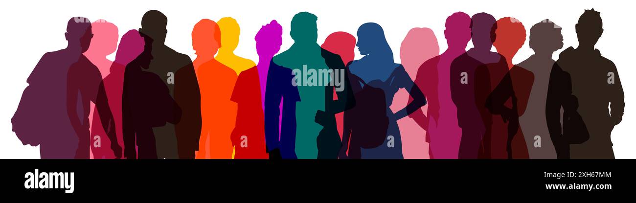 Multi-colored silhouettes of men and women, multiply mode, a group of ...
