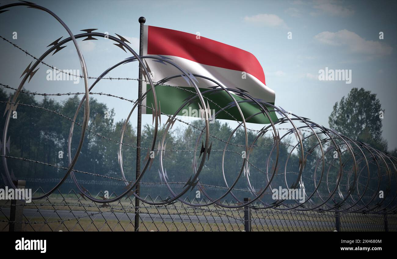 Barbed wire fence and flag of Hungary - 3d illustration Stock Photo - Alamy