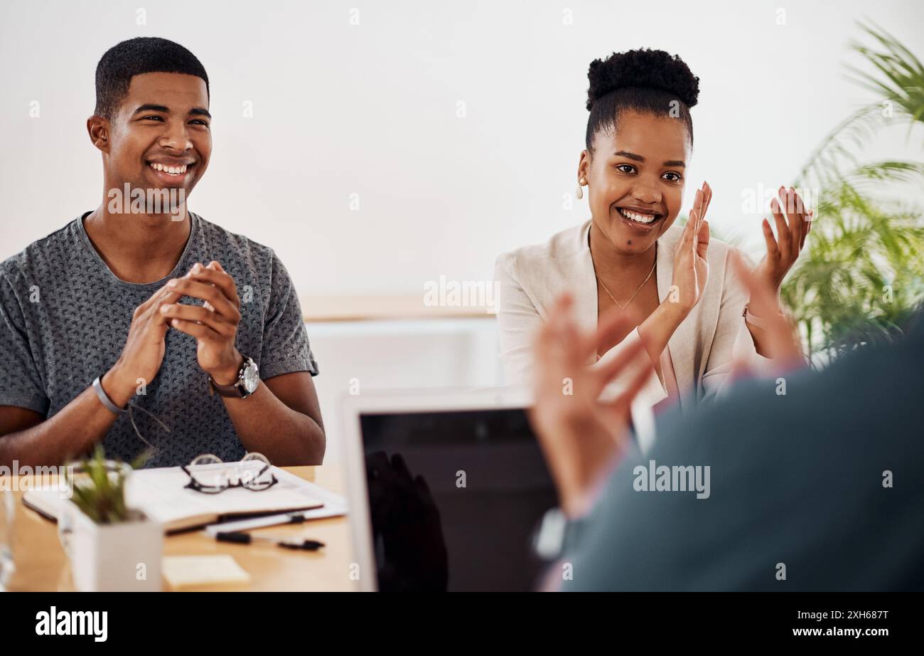 Group, business people and clapping with applause in meeting for ...