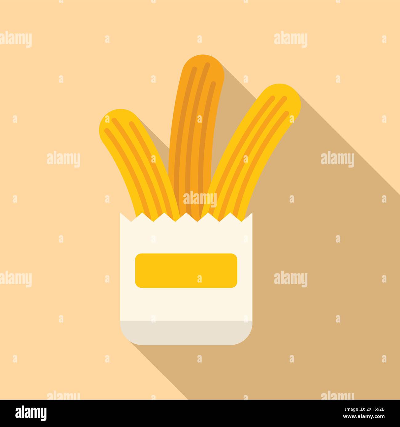 Three churros sticking out of a white paper bag with a blank yellow ...