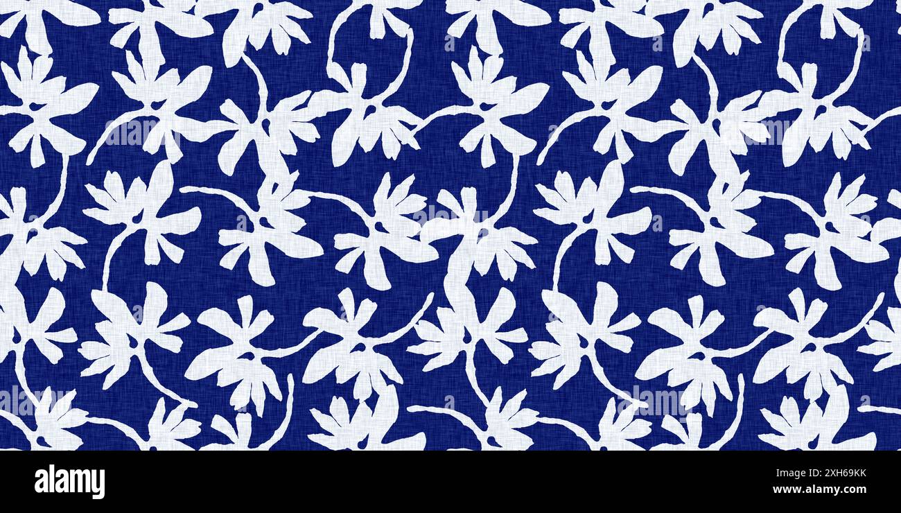 Indigo denim blue leaf motif seamless border. Japanese dye batik fabric ...