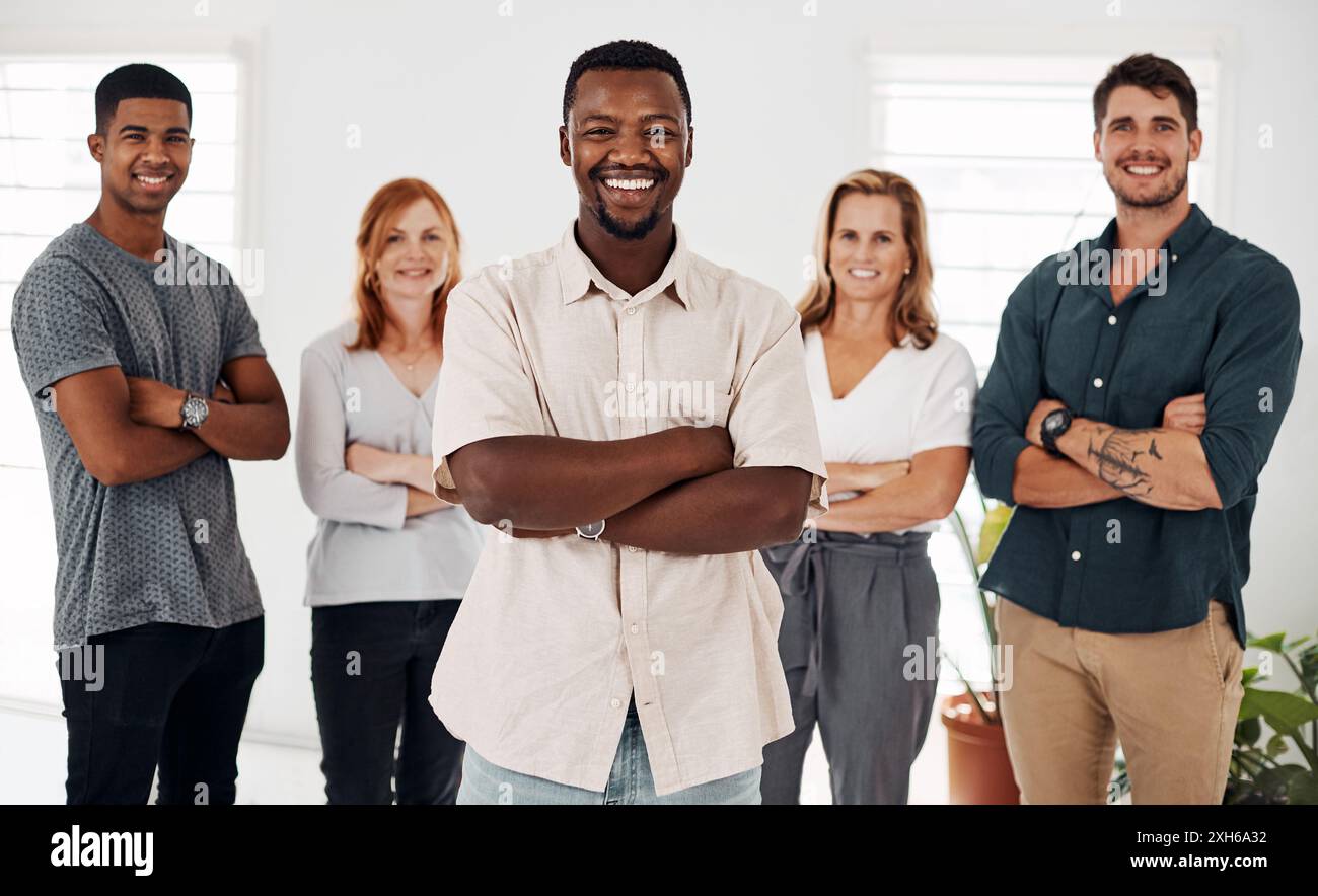 About us, black man and leader with arms crossed at office for teamwork, collaboration and happy ...