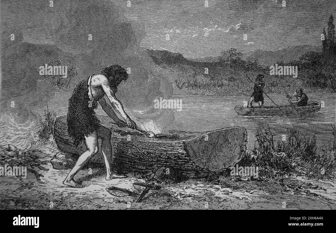 Prehistory. Stone Age. Ship construction. Engraving, 19th century Stock ...