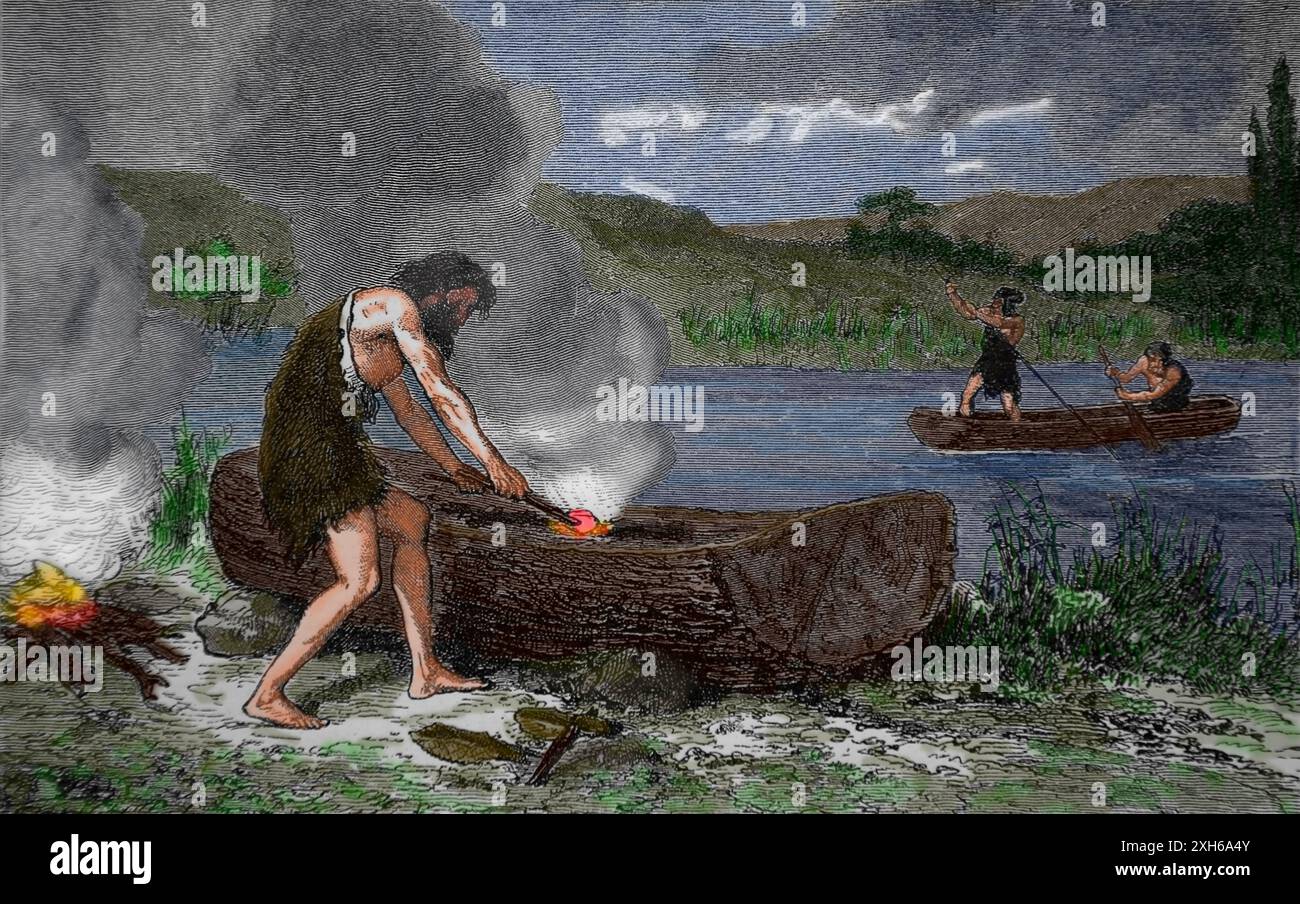 Prehistory. Stone Age. Ship construction. Engraving, 19th century Stock ...