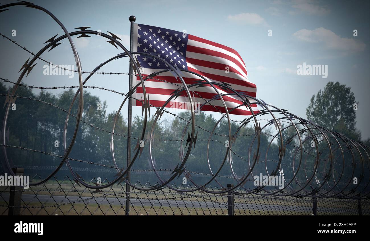 Barbed wire fence and flag of USA - 3d illustration Stock Photo - Alamy