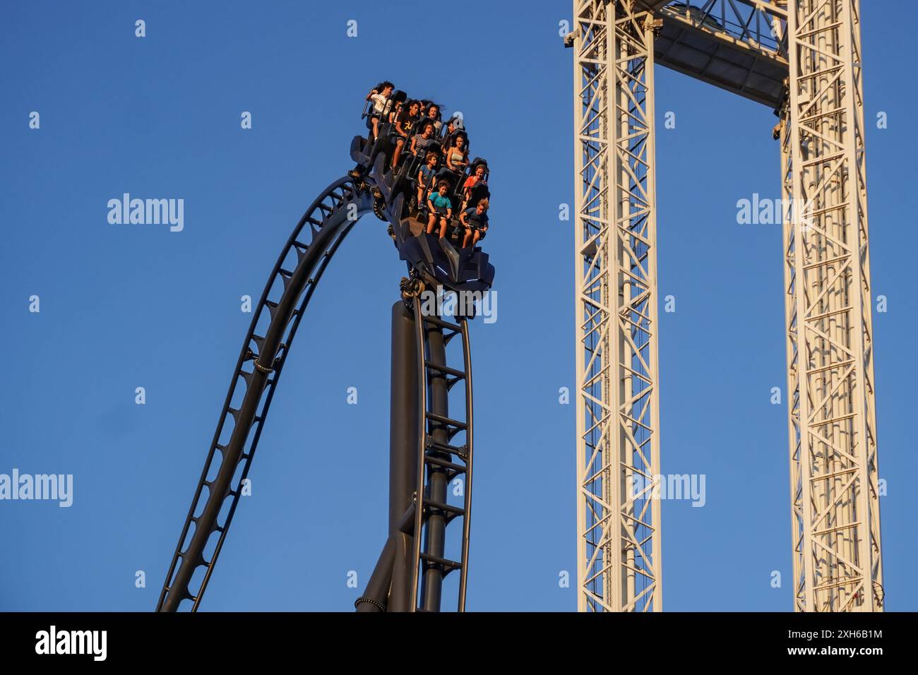 Madrid, Spain. 1 July 2024. Thrill seekers ride the new rollercoaster ...