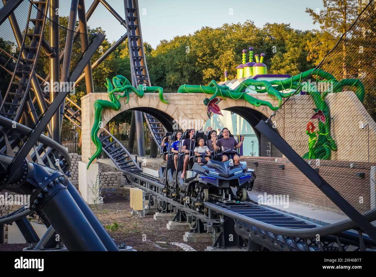 Madrid, Spain. 1 July 2024. Thrill seekers ride the new rollercoaster ...