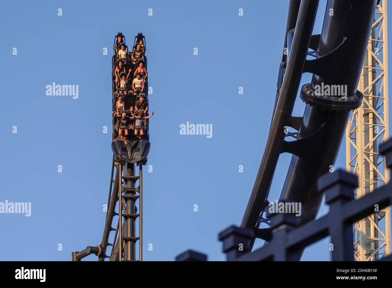 Madrid, Spain. 1 July 2024. Thrill seekers ride the new rollercoaster ...