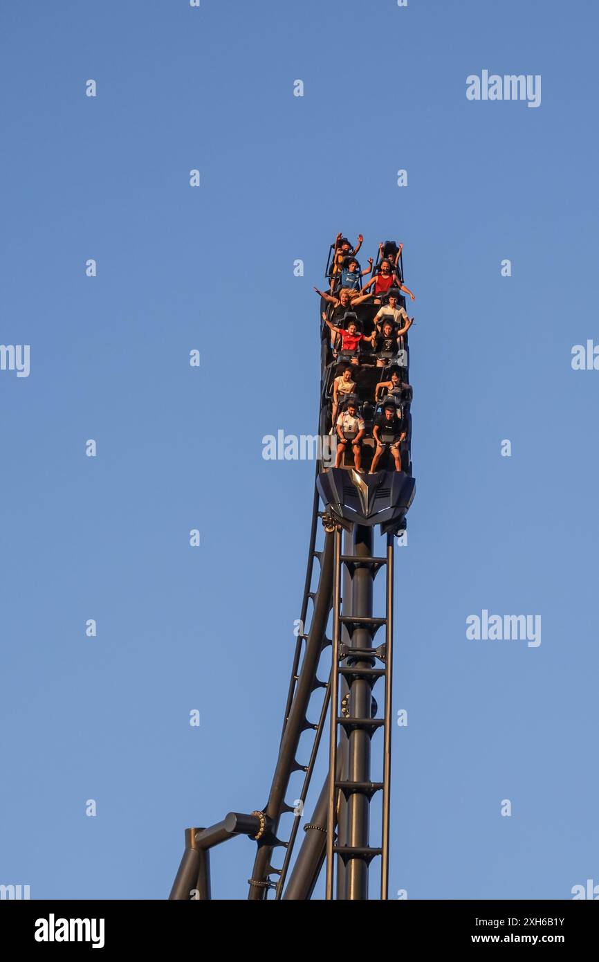 Madrid, Spain. 1 July 2024. Thrill seekers ride the new rollercoaster ...